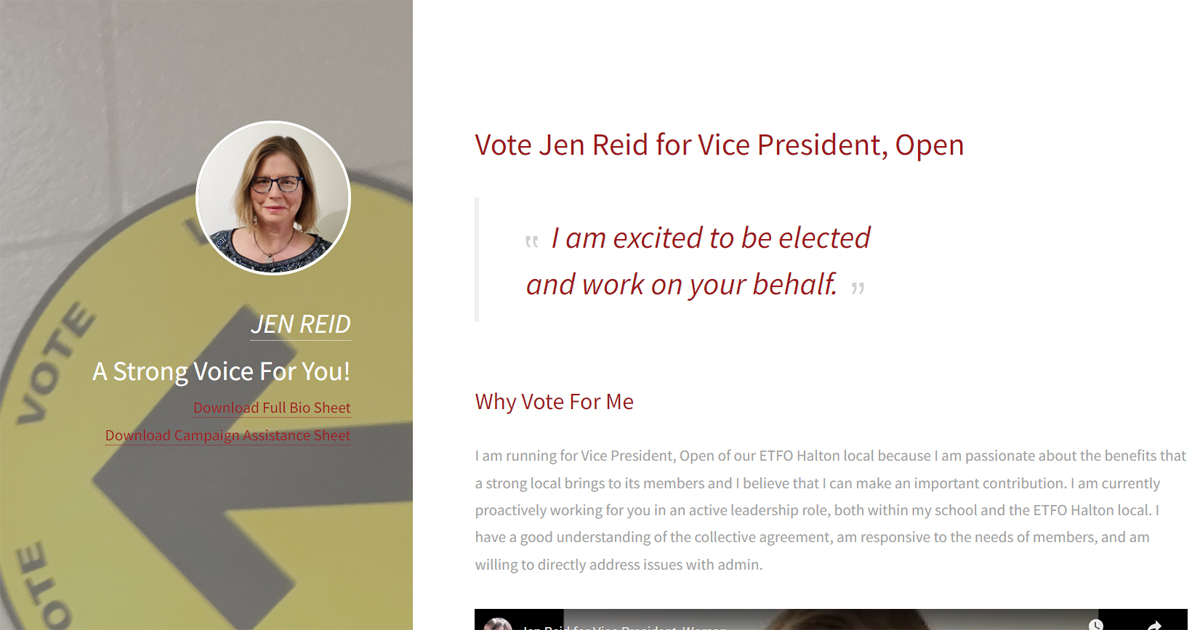 Jen Reid for ETFO Halton Vice President, Open